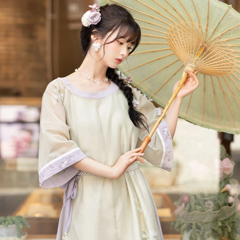Women Ming Style Round Neck Shirt Dress Modern Hanfu - Newhanfu