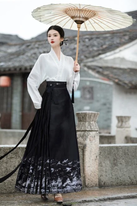 Women Casual Hanfu Ming Dynasty Mamian Skirt Set Black Dashing Style ...