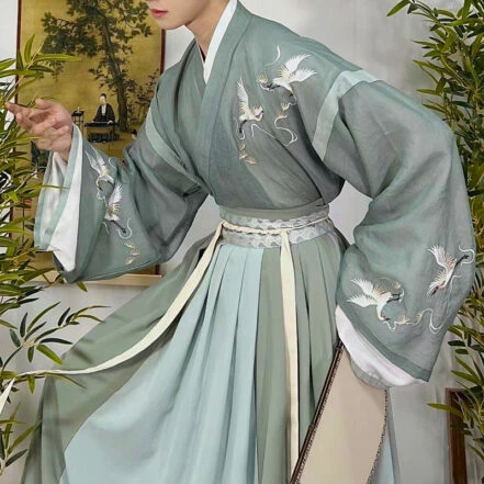 Pine Crane Wuxia Style Green Hanfu for Men - Newhanfu