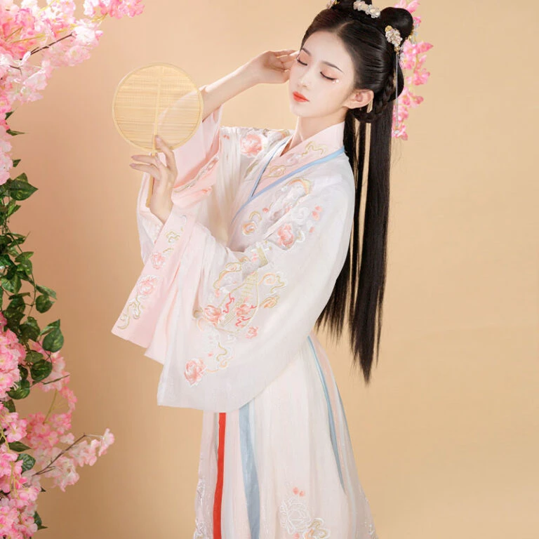 Green & Pink Cotton Rose Hanfu Dress - Newhanfu 2024