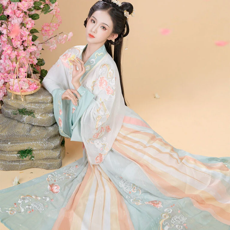 Green & Pink Cotton Rose Hanfu Dress - Newhanfu 2024
