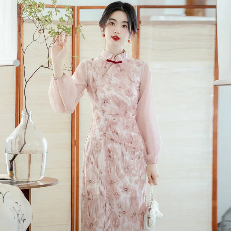 Peach Qipao Retro Pink Cheongsam Dress - Newhanfu