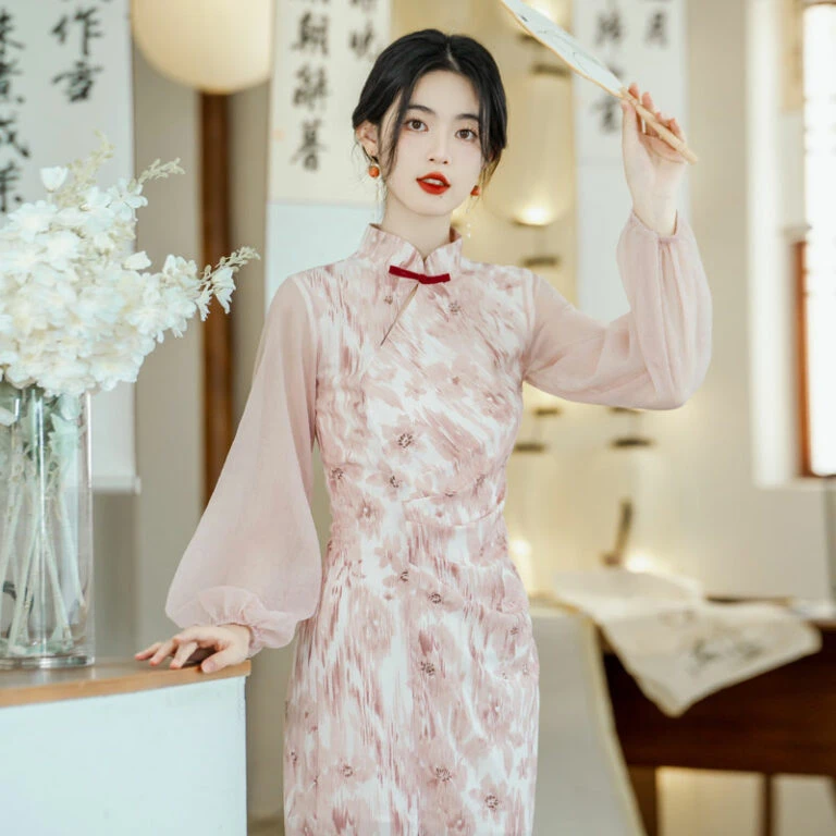 Peach Qipao Retro Pink Cheongsam Dress - Newhanfu