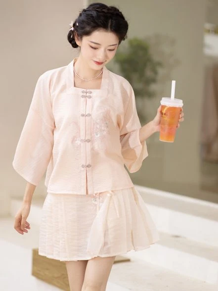 Summer Pink Hanfu Set Ming Short Ma Mian Skirt - Newhanfu