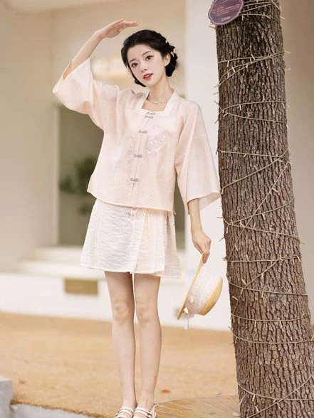 Summer Pink Hanfu Set Ming Short Ma Mian Skirt - Newhanfu
