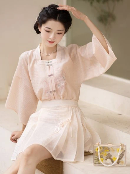 Summer Pink Hanfu Set Ming Short Ma Mian Skirt - Newhanfu