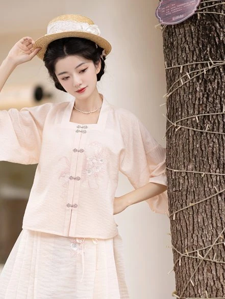 Summer Pink Hanfu Set Ming Short Ma Mian Skirt - Newhanfu