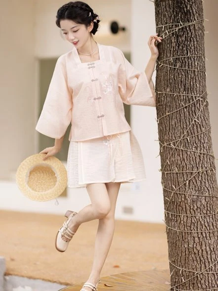 Summer Pink Hanfu Set Ming Short Ma Mian Skirt - Newhanfu