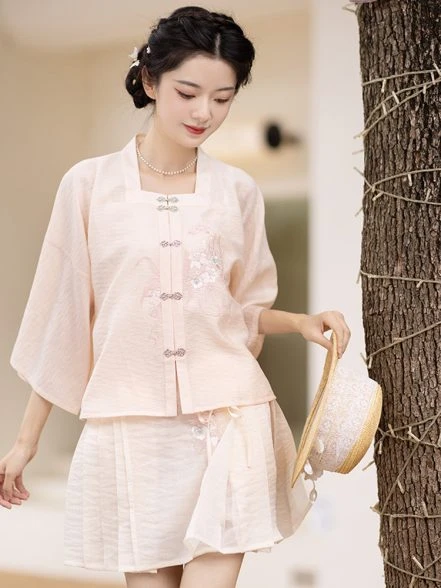 Summer Pink Hanfu Set Ming Short Ma Mian Skirt - Newhanfu