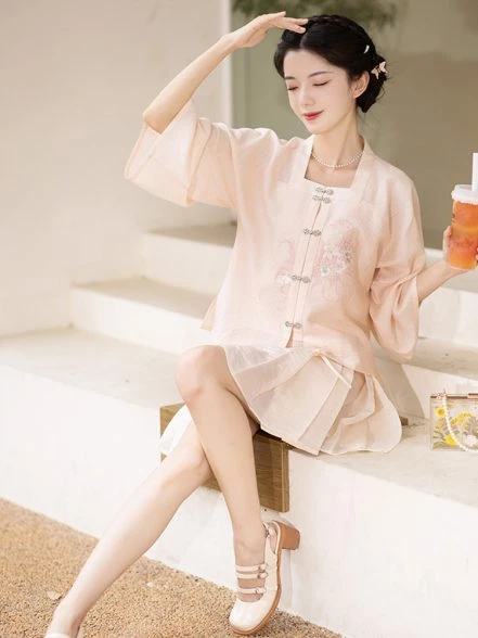 Summer Pink Hanfu Set Ming Short Ma Mian Skirt - Newhanfu