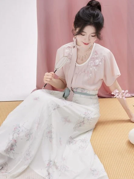 Women Tang Dynasty Hanfu Summer Pink Fashion Peach Blossom Skirt - Newhanfu