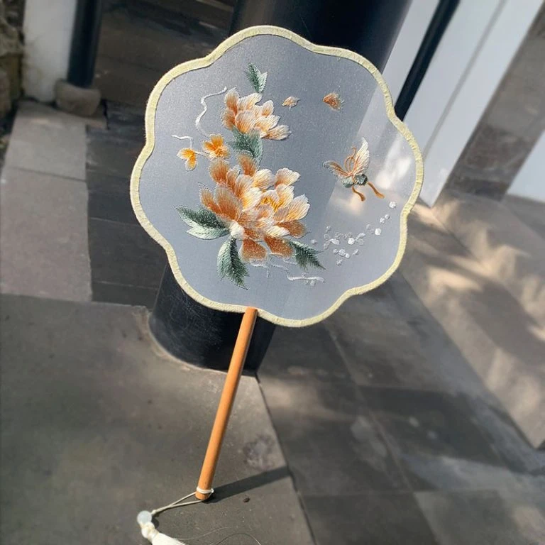 Peony Tuanshan Vintage Embroidery Fan Hanfu Accessories - Newhanfu